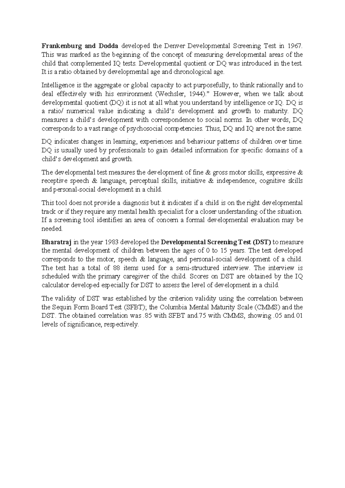 Developmental Screening Tool: Insights on DQ and DST - Studocu