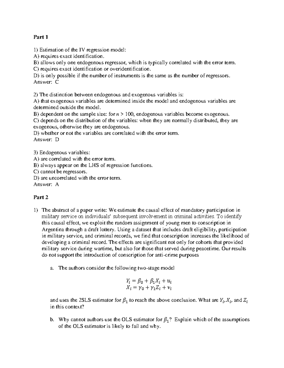ECON3334 Final Mock Exam Solutions on IV Regression Models - Studocu