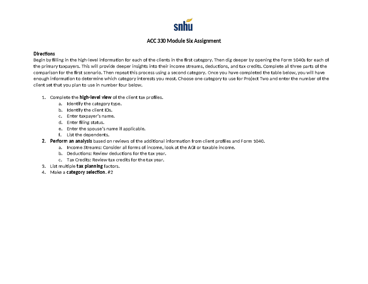 ACC 330 Module 6 Client Tax Profile Analysis and Comparison - Studocu