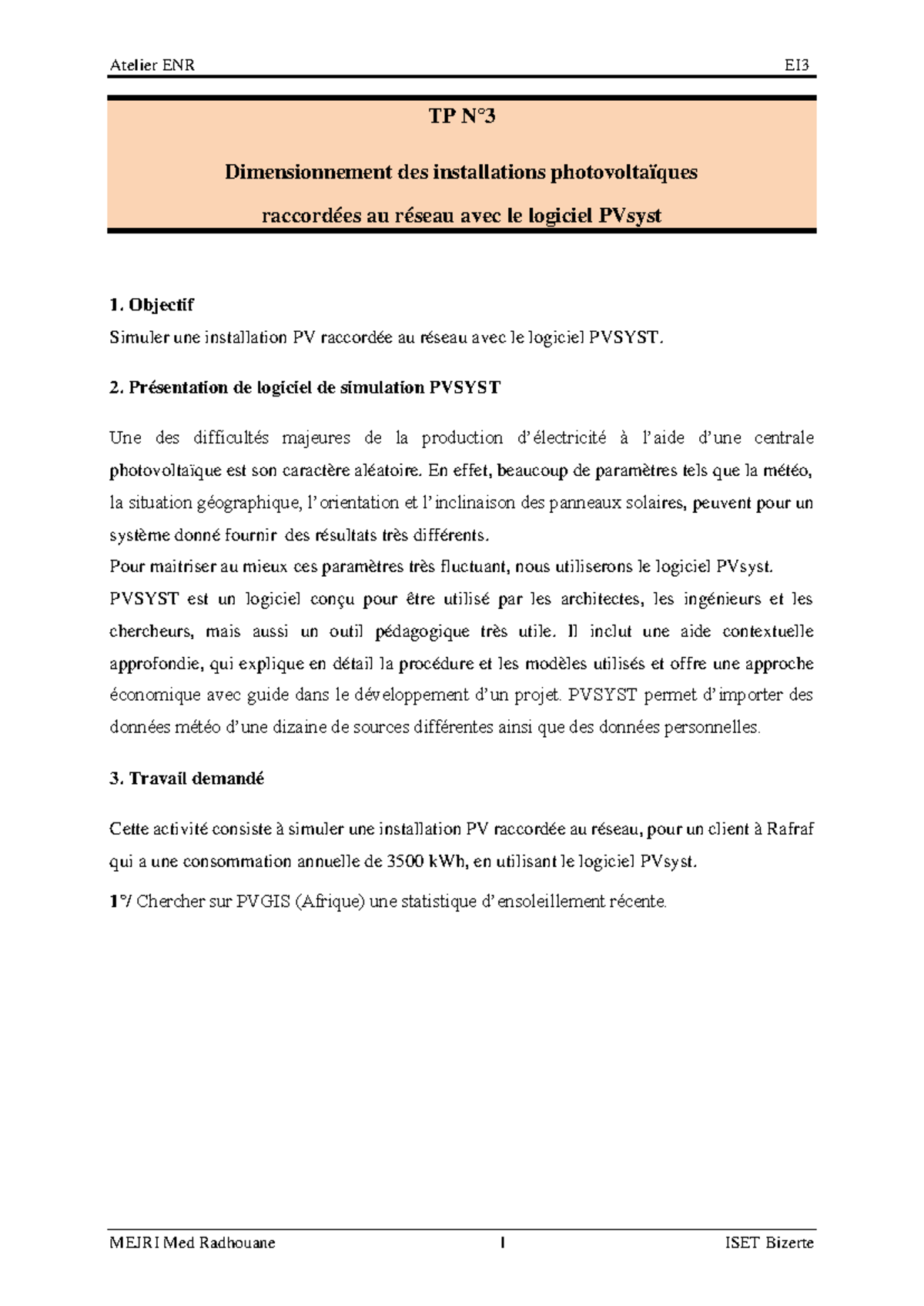 TP N° 3 - Dimensionnement PV avec PVSyst pour Installation Raccordée - Studocu