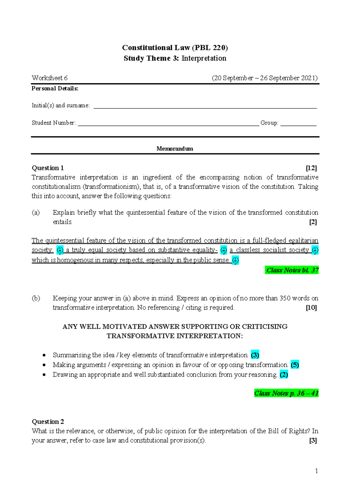 Tutorial 6 - Memorandum - 1 Constitutional Law (PBL 2 20 ) Study Theme ...
