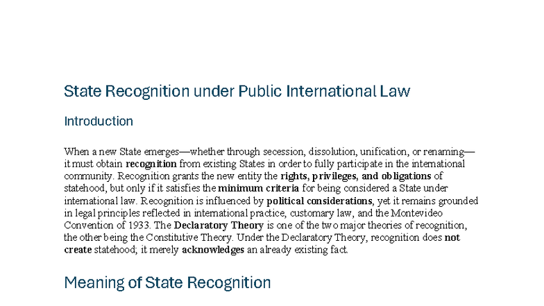 State Recognition and the Declaratory Theory in Intl Law - Studocu