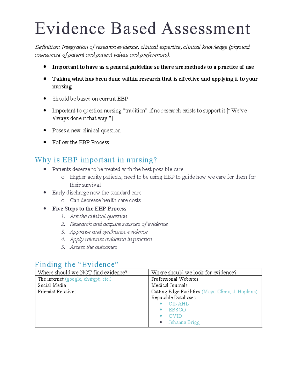 NUR 101: Evidence-Based Assessment in Nursing Practice - Studocu