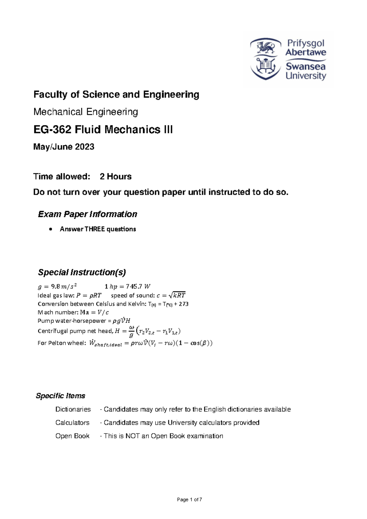 EG-362 Fluid Mechanics III Final Exam Paper May/June 2023 - Studocu