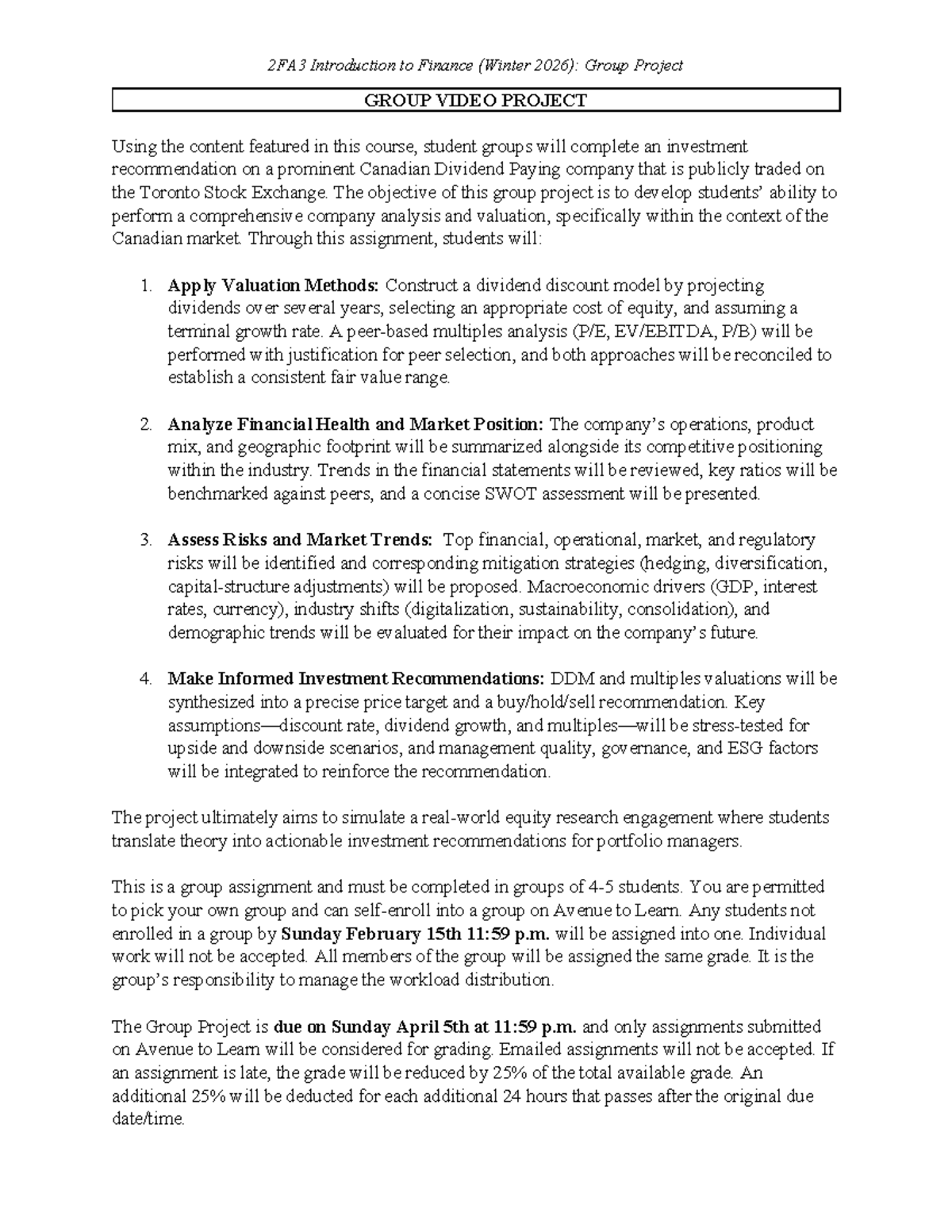 2FA3 Introduction to Finance (Winter 2026): Group Video Project ...