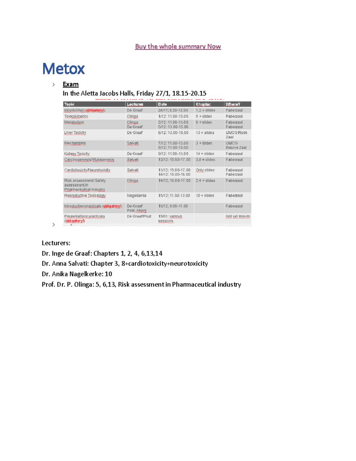 Summary Metabolism and Toxicology given by RUG for second year pharmacy ...