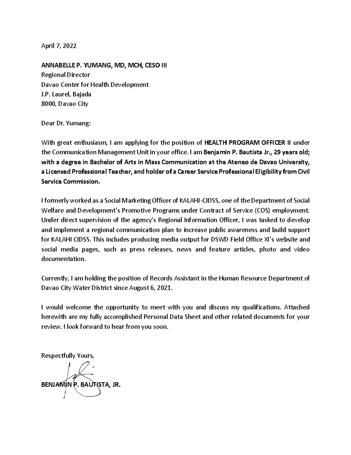 DOH Application Letter for Health Program Officer II - Bautista - Studocu