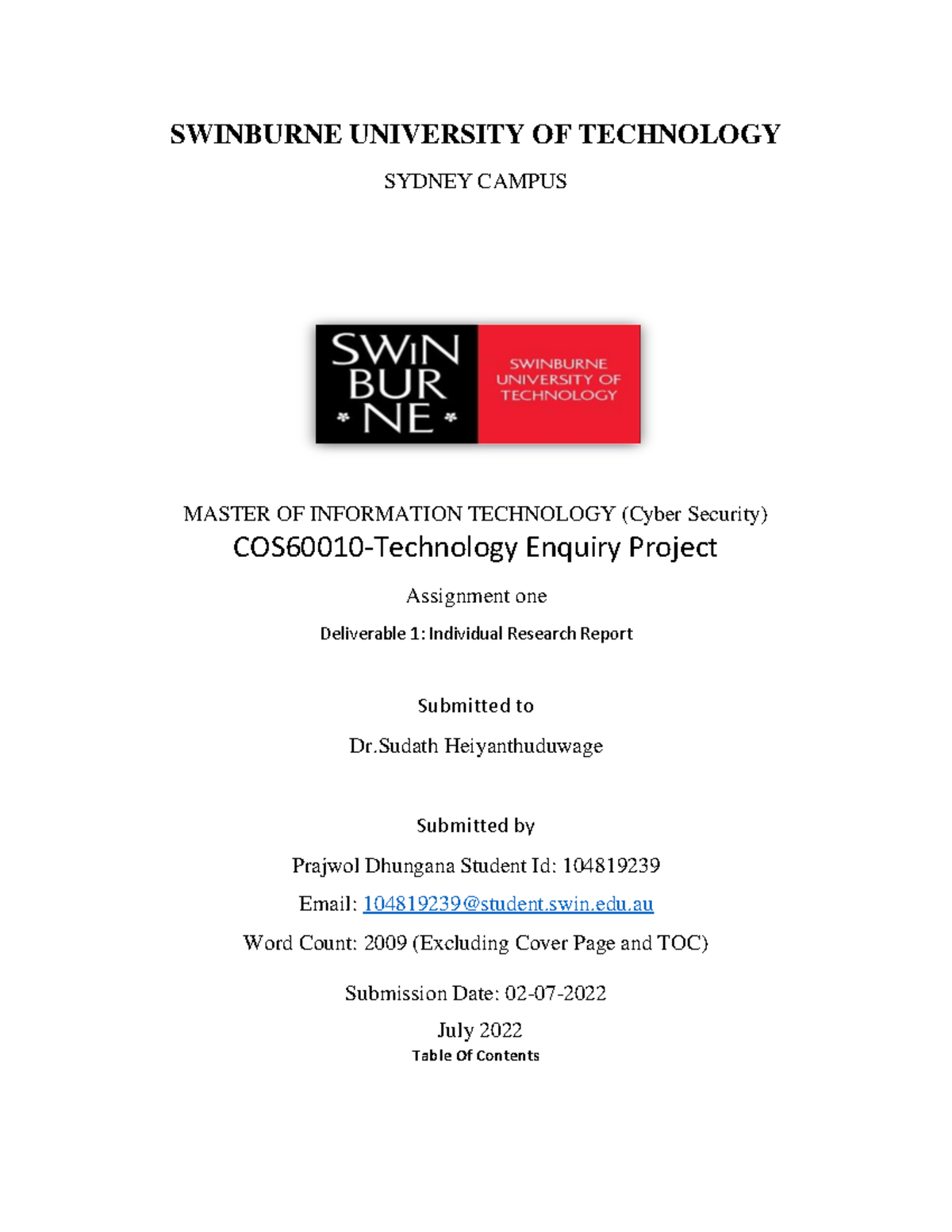 Individual Research Report - SWINBURNE UNIVERSITY OF TECHNOLOGY SYDNEY ...