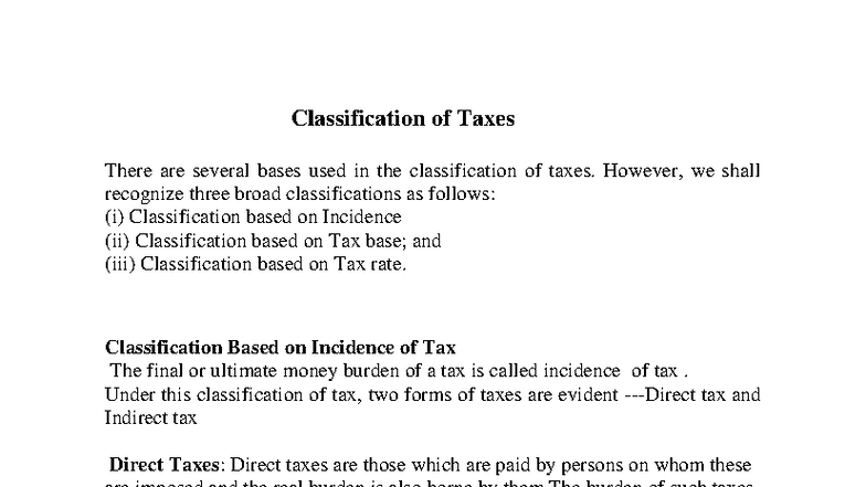 Classification of Taxes: Incidence, Base, and Rate Analysis - Studocu