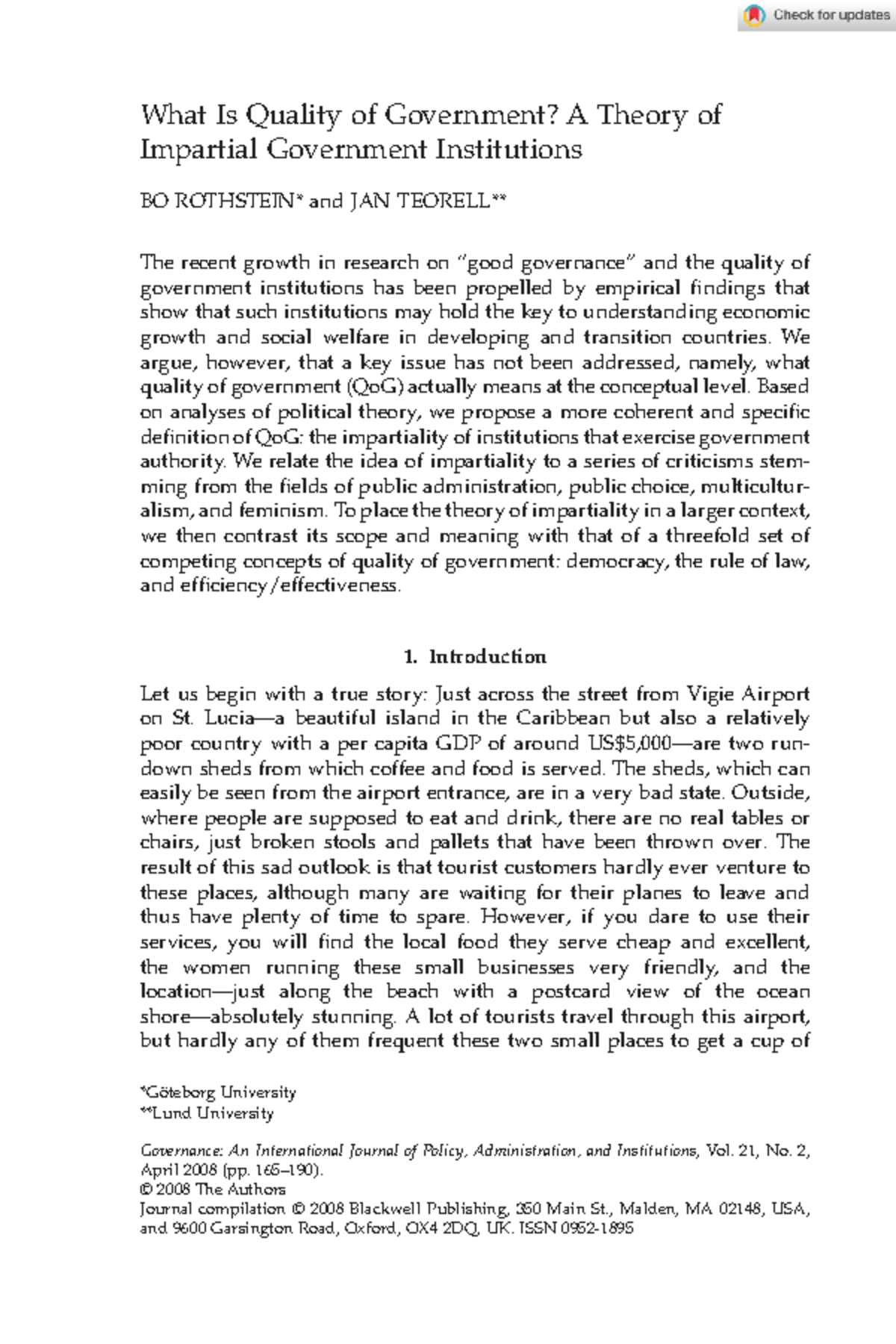 "Governance 2008: Understanding Quality of Government and Impartial ...