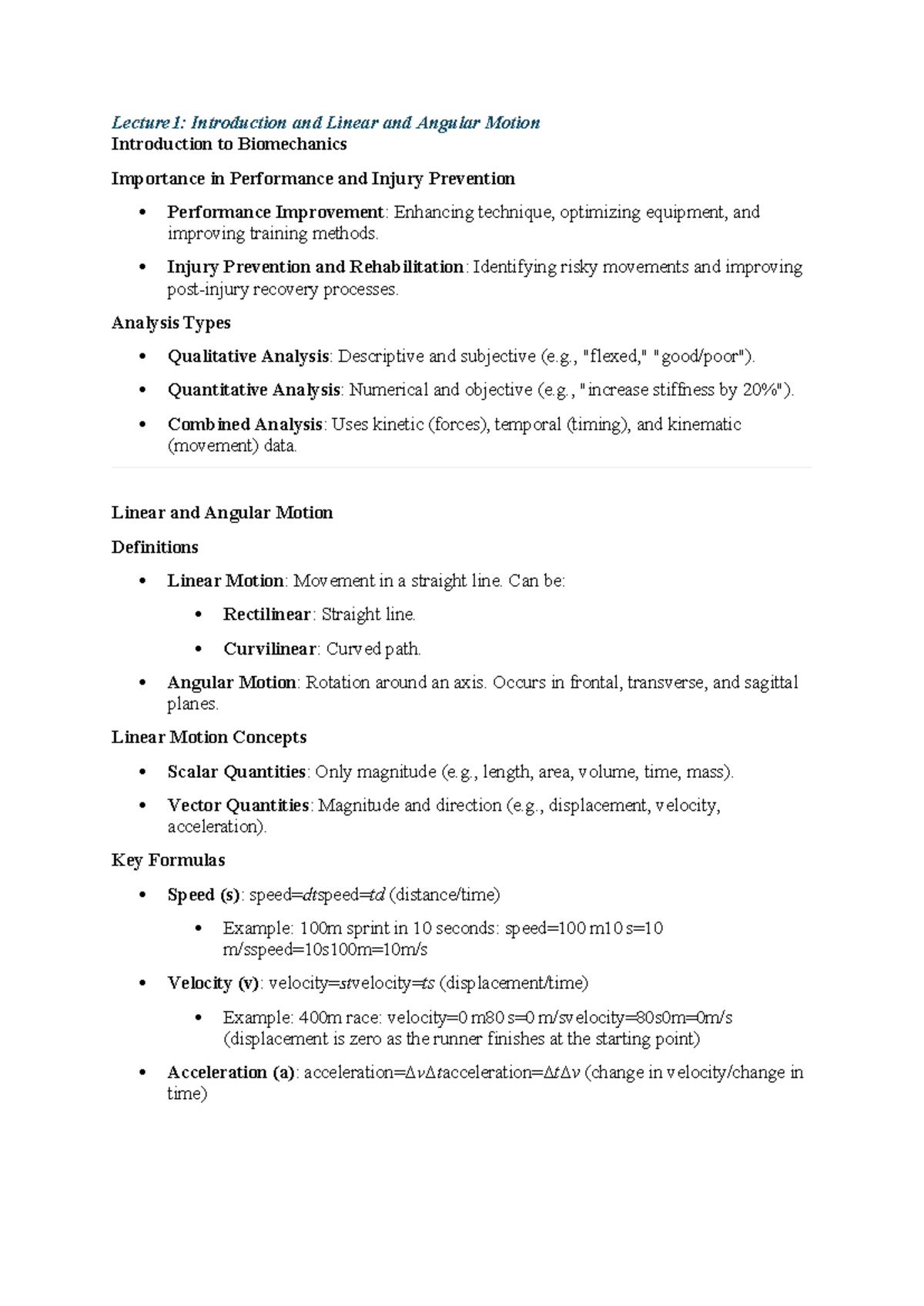 Lecture 1: Intro to Linear & Angular Motion in Biomechanics - Studocu