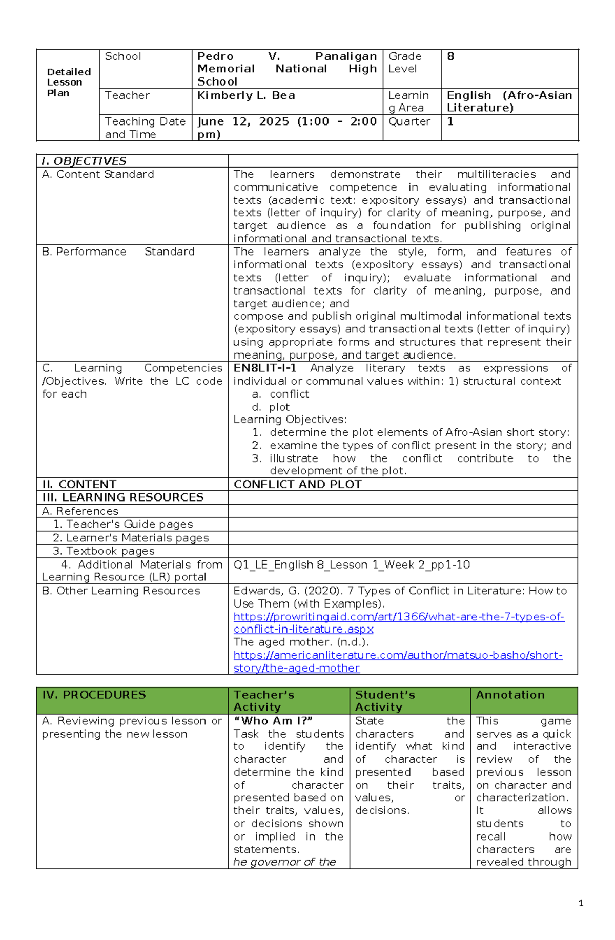 KLB English 8 Detailed Lesson Plan: Conflict and Plot Analysis - Studocu