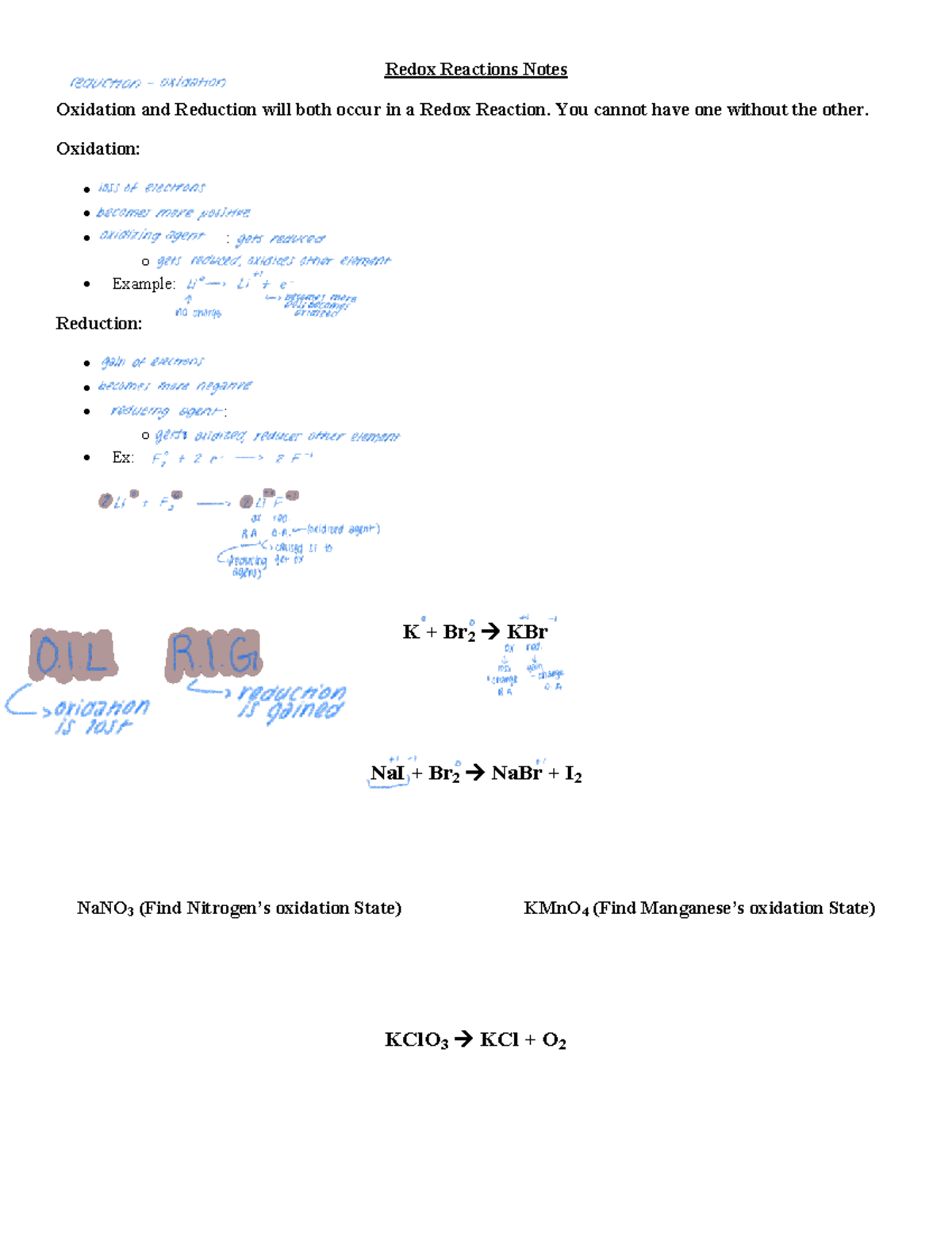 Redox Reactions Notes for Chemistry Course (CHEM 101) - Redox Reactions ...