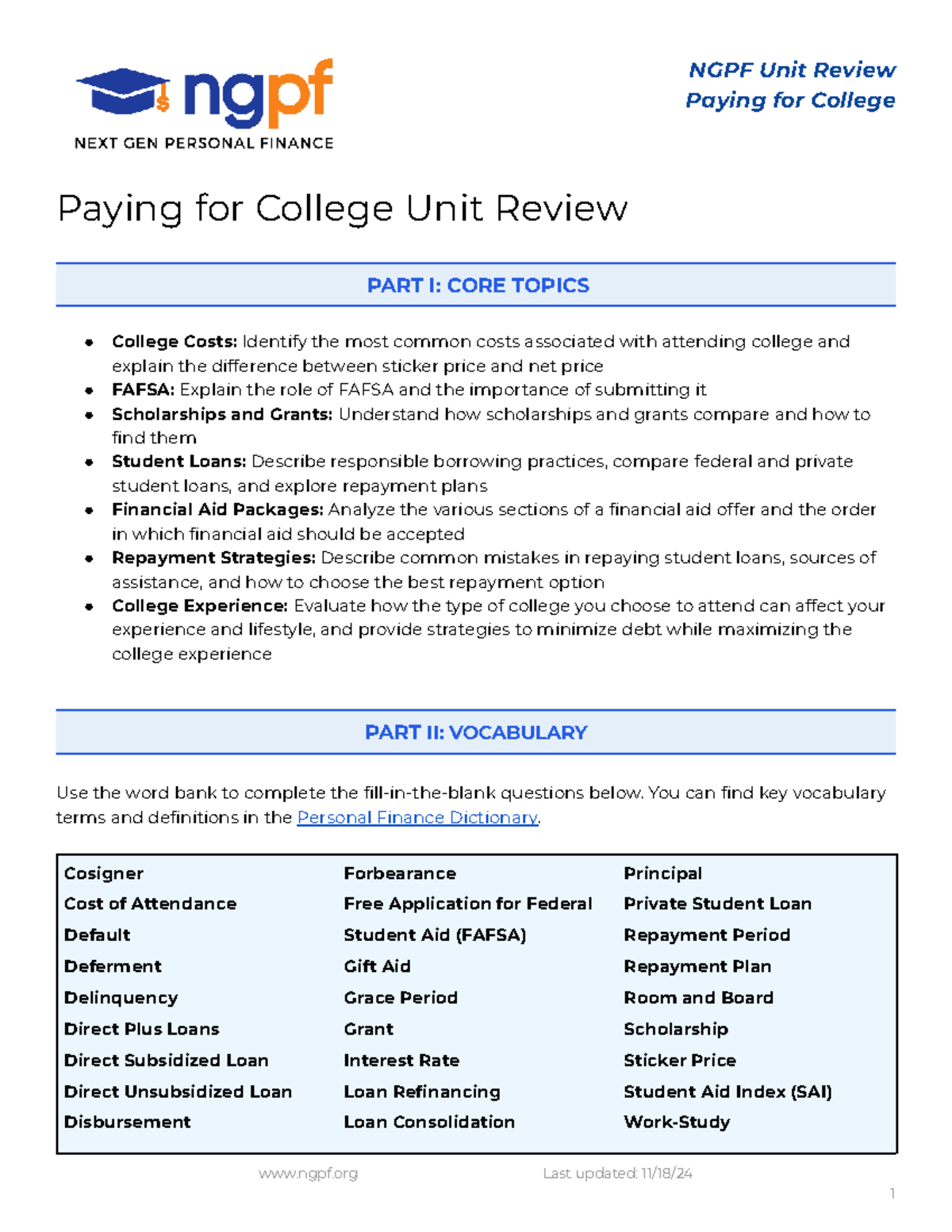 Unit Review - NGPF Paying for College: Key Concepts & Vocabulary - Studocu