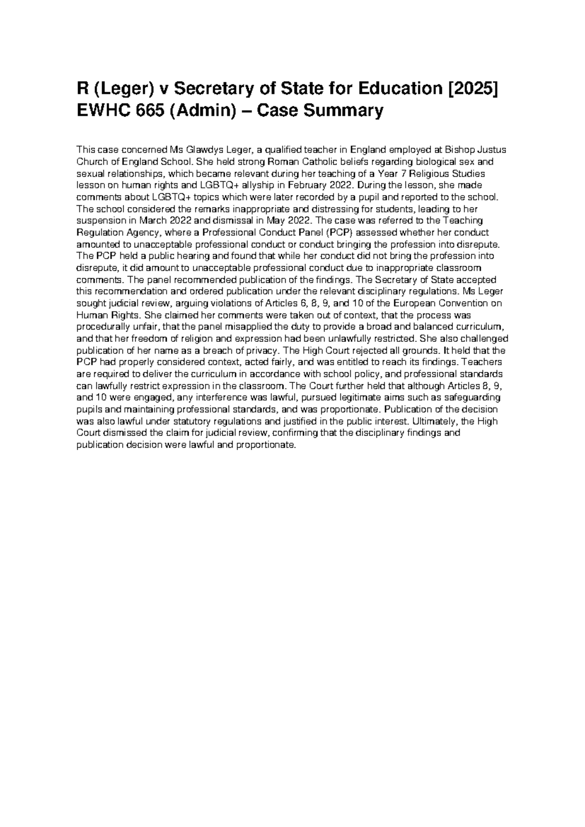 R (Leger) v Secretary of State for Education EWHC 665 (Admin) Case ...