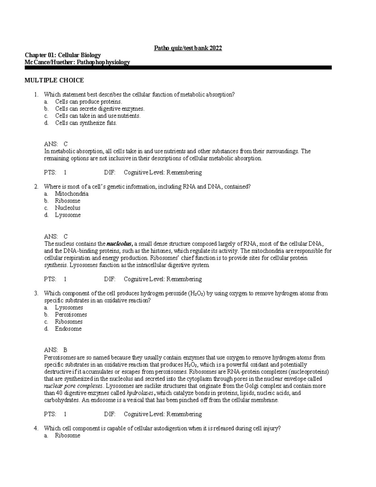 Pathophysiology Quiz/Test Bank 2022: Cellular Biology Insights - Studocu
