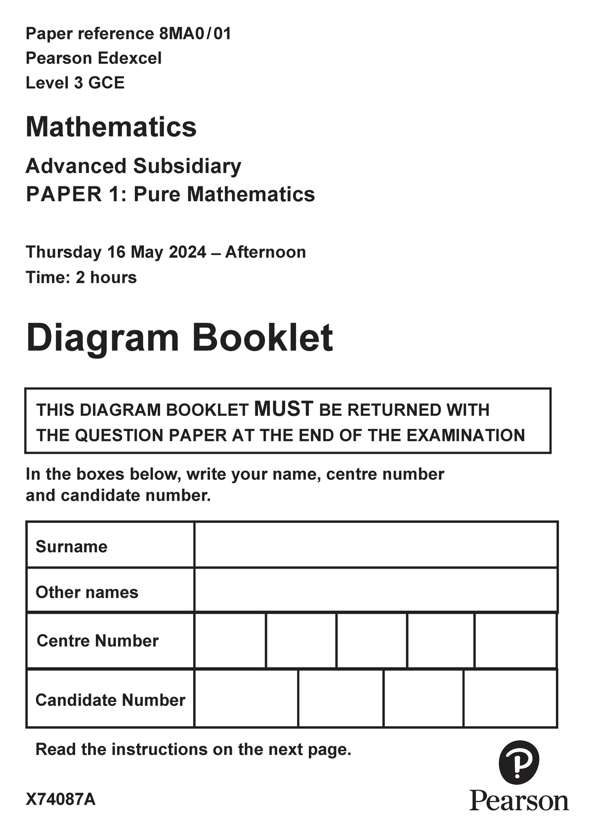 8MA0 01 AS Level Mathematics Paper 1: Pure Math Diagram Booklet - Studocu