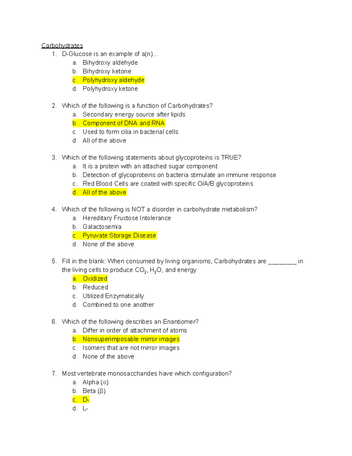 Biochem 1 Practice Questions: Exploring Carbohydrate Functions - Studocu