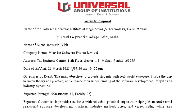 Activity Proposal: Industrial Visit to Meander Software Pvt. Ltd. - Studocu