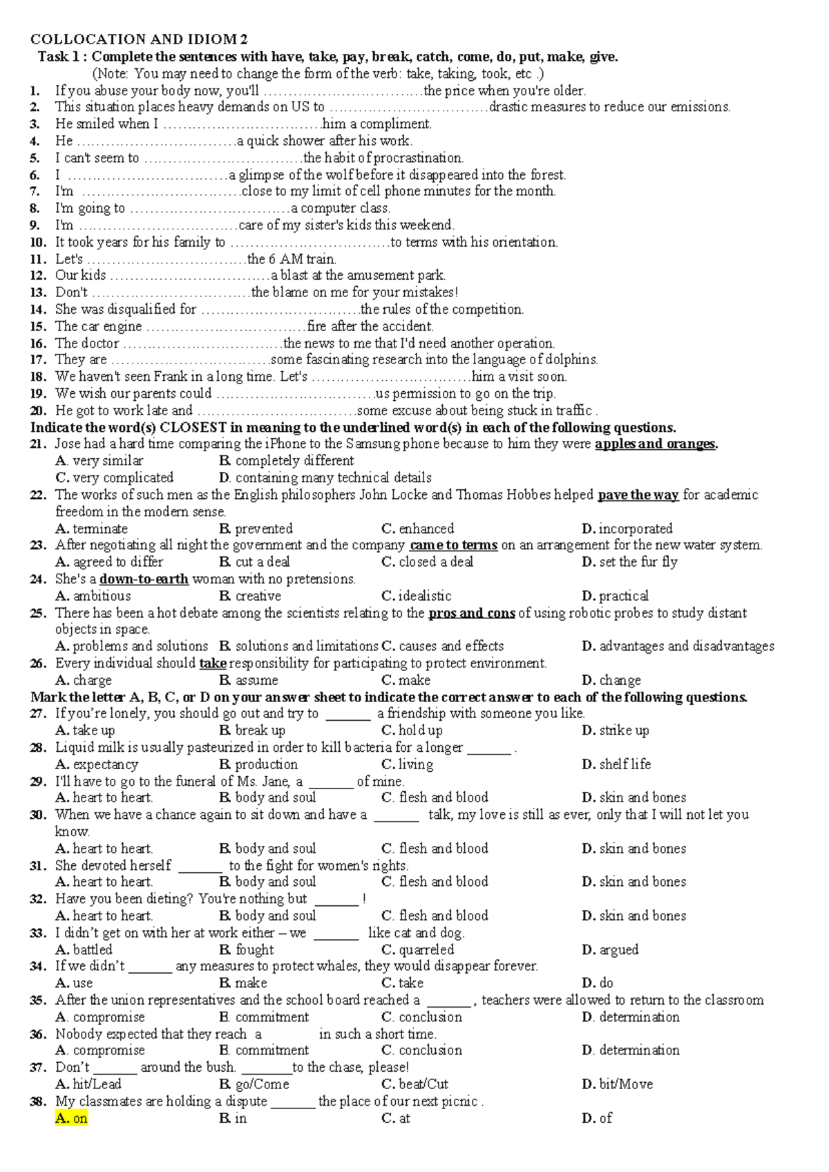 Collocation and Idiom Practice 2 for Students (ESL) - Studocu