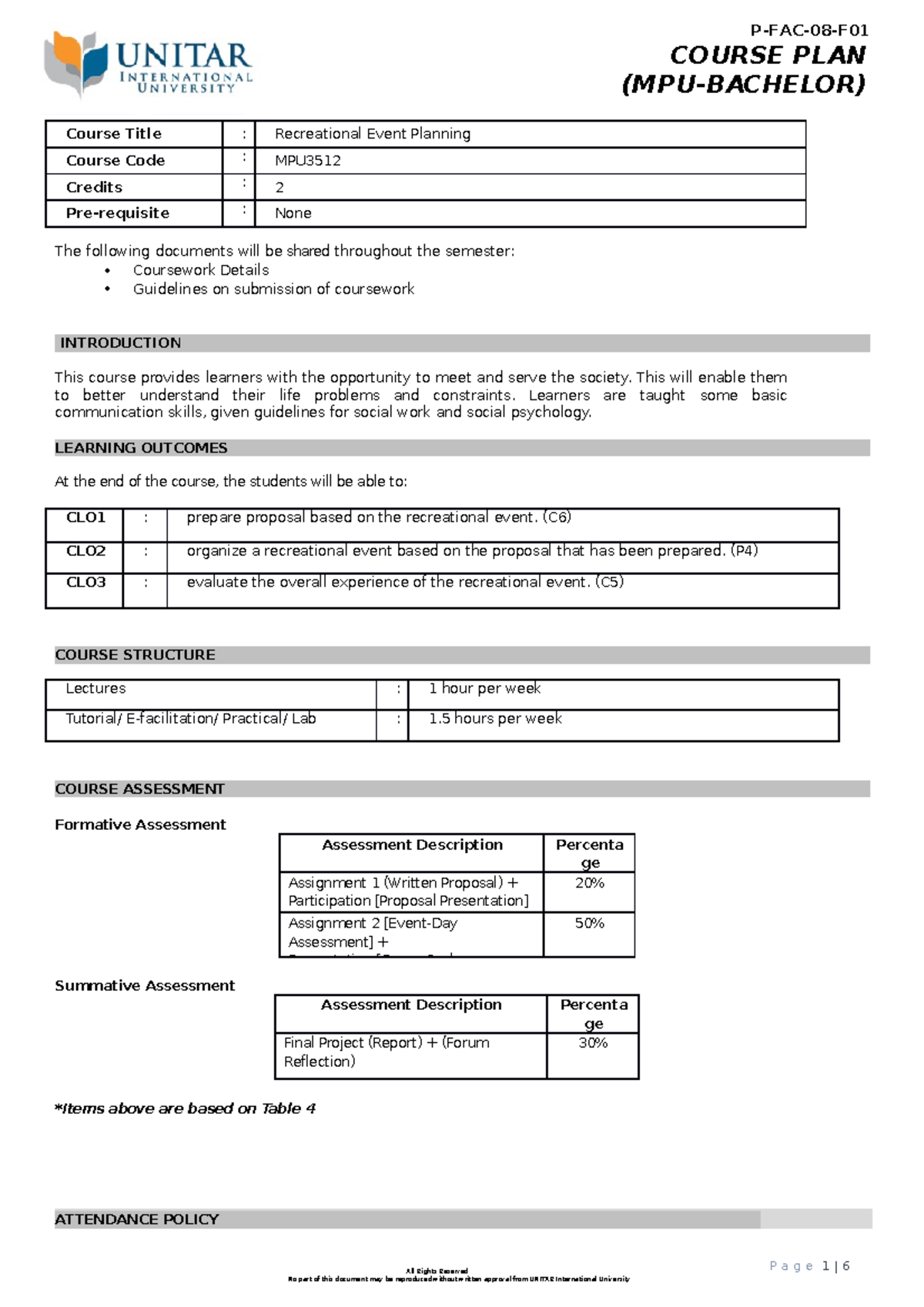 CP Recreational Event Planning Sept2023 - COURSE PLAN (MPU-BACHELOR ...