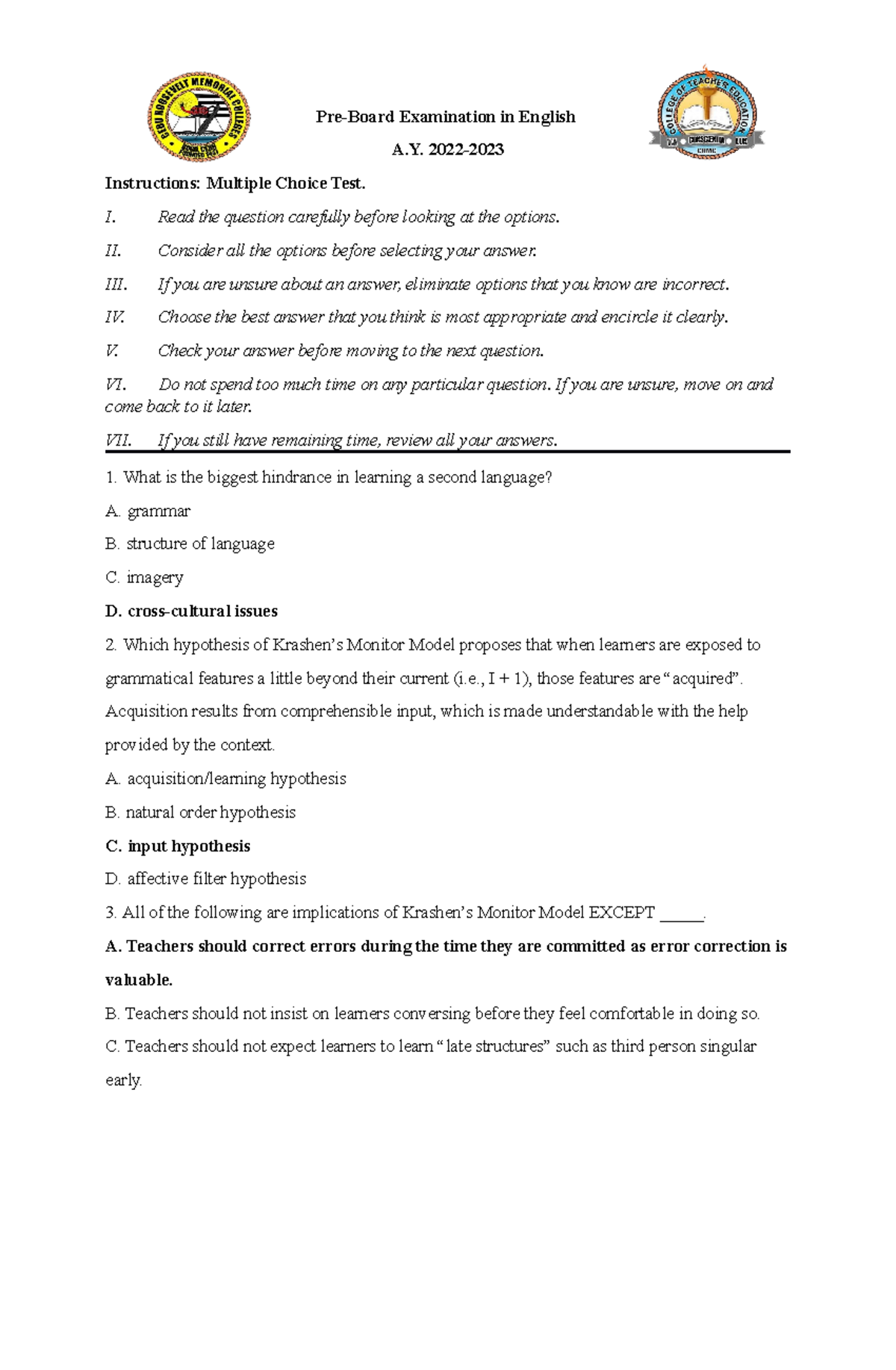 Pre-Board English Exam A.Y. 2022 - Multiple Choice Questions Guide ...