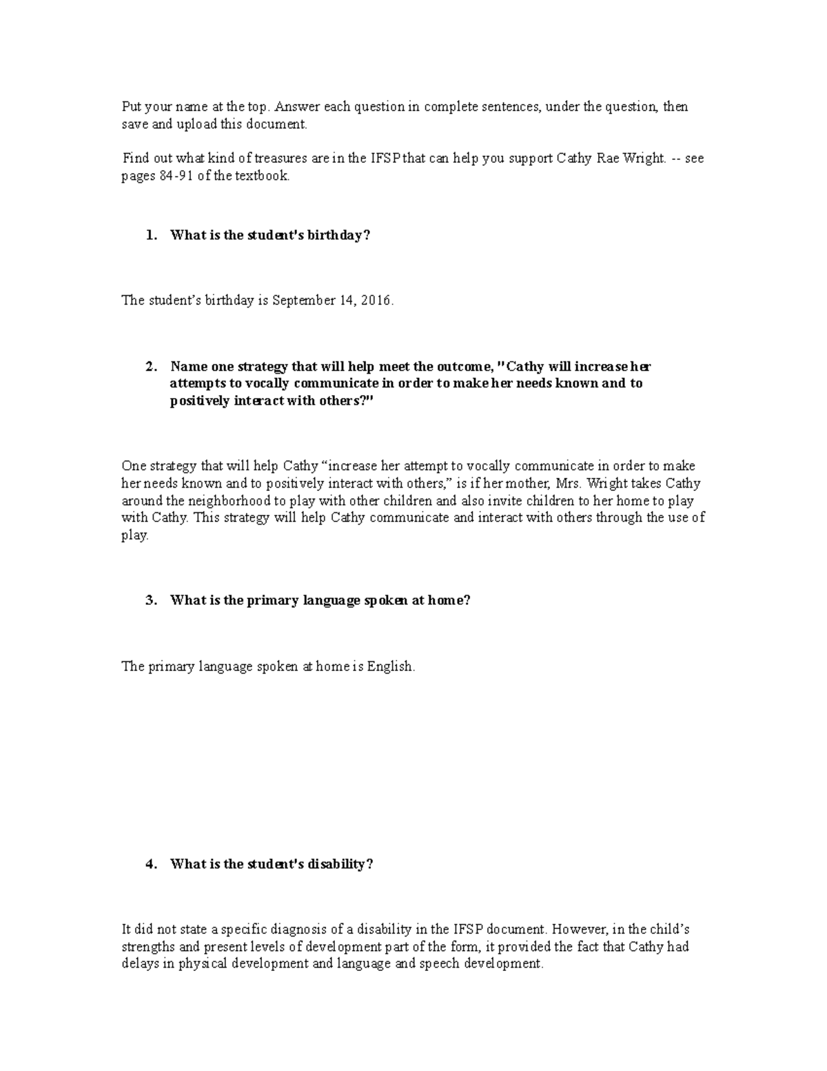 Course Assignment #3 - Supporting Cathy Rae Wright in IFSP - Studocu