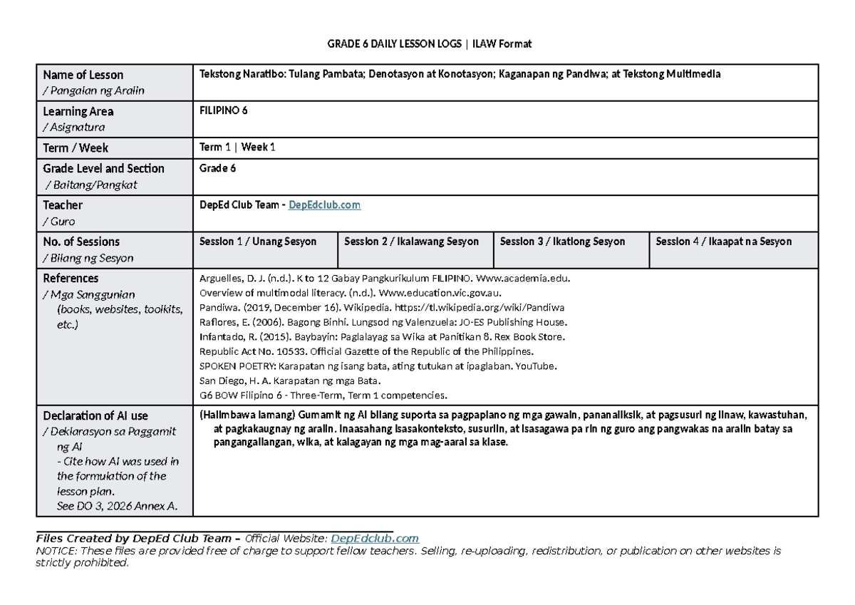 DTC ILAW DLL Filipino 6 Term 1 Week 1 Lesson Plan with Rubric - Studocu