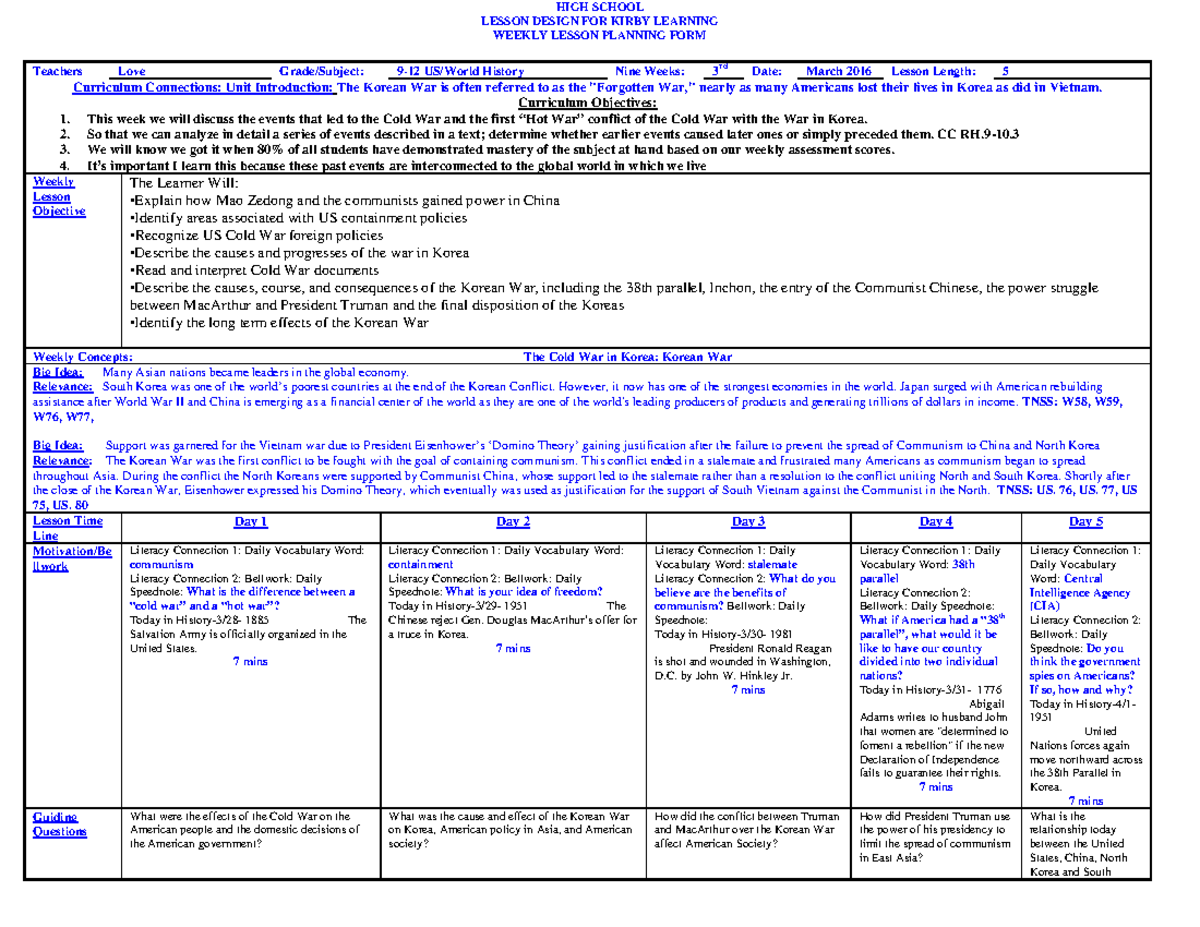KIR 3rd Grade History: Korean War Weekly Lesson Plan - Studocu