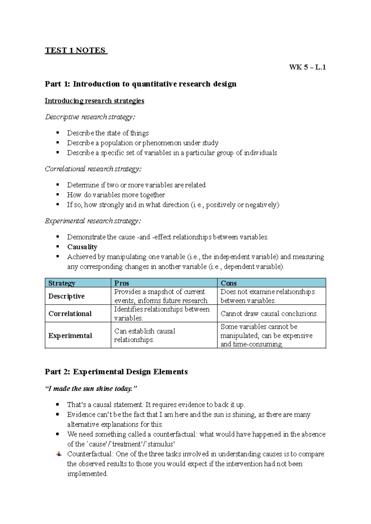 BUS TEST 1 Notes: Introduction to Quantitative Research Design - Studocu