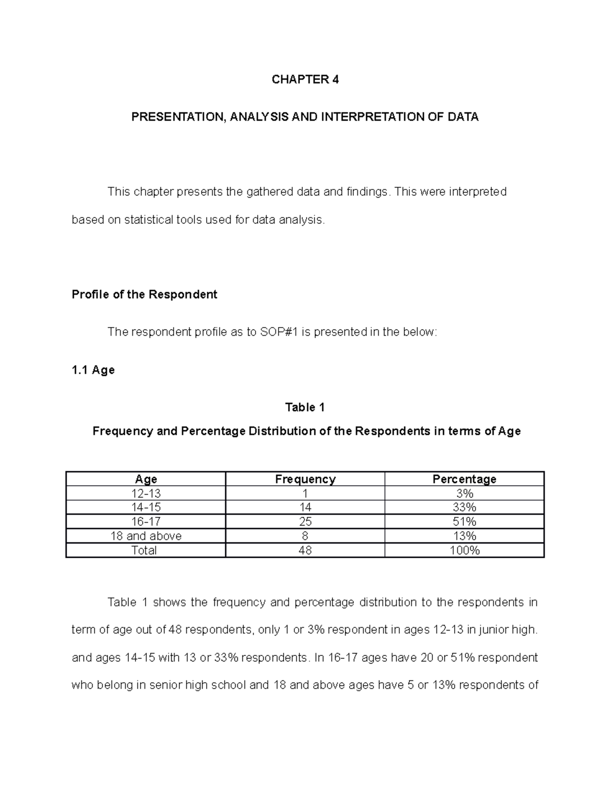 Chapter 4: Data Presentation, Analysis, and Interpretation (SOP#1 ...