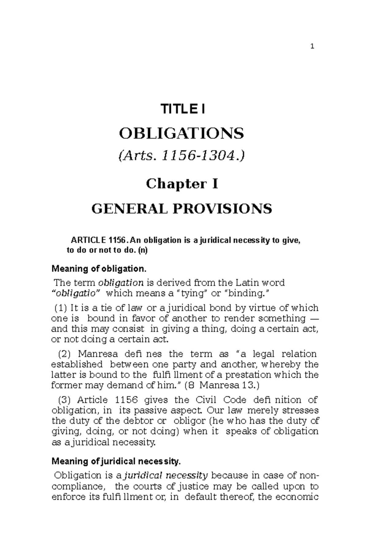 Law of Obligation and Contract - Chapter I: General Provisions - Studocu