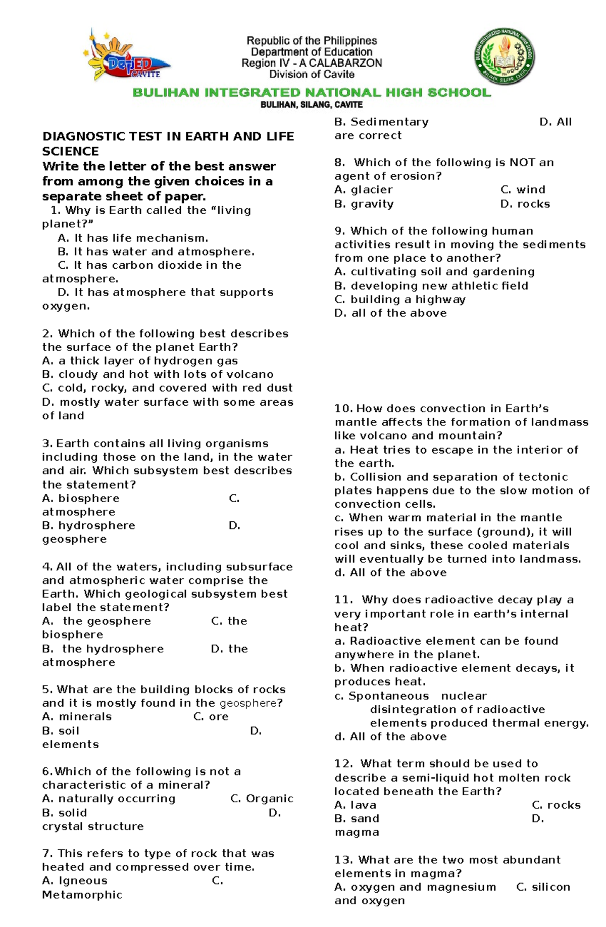 Diagnostic Test: Earth & Life Science (60 Items) - Studocu