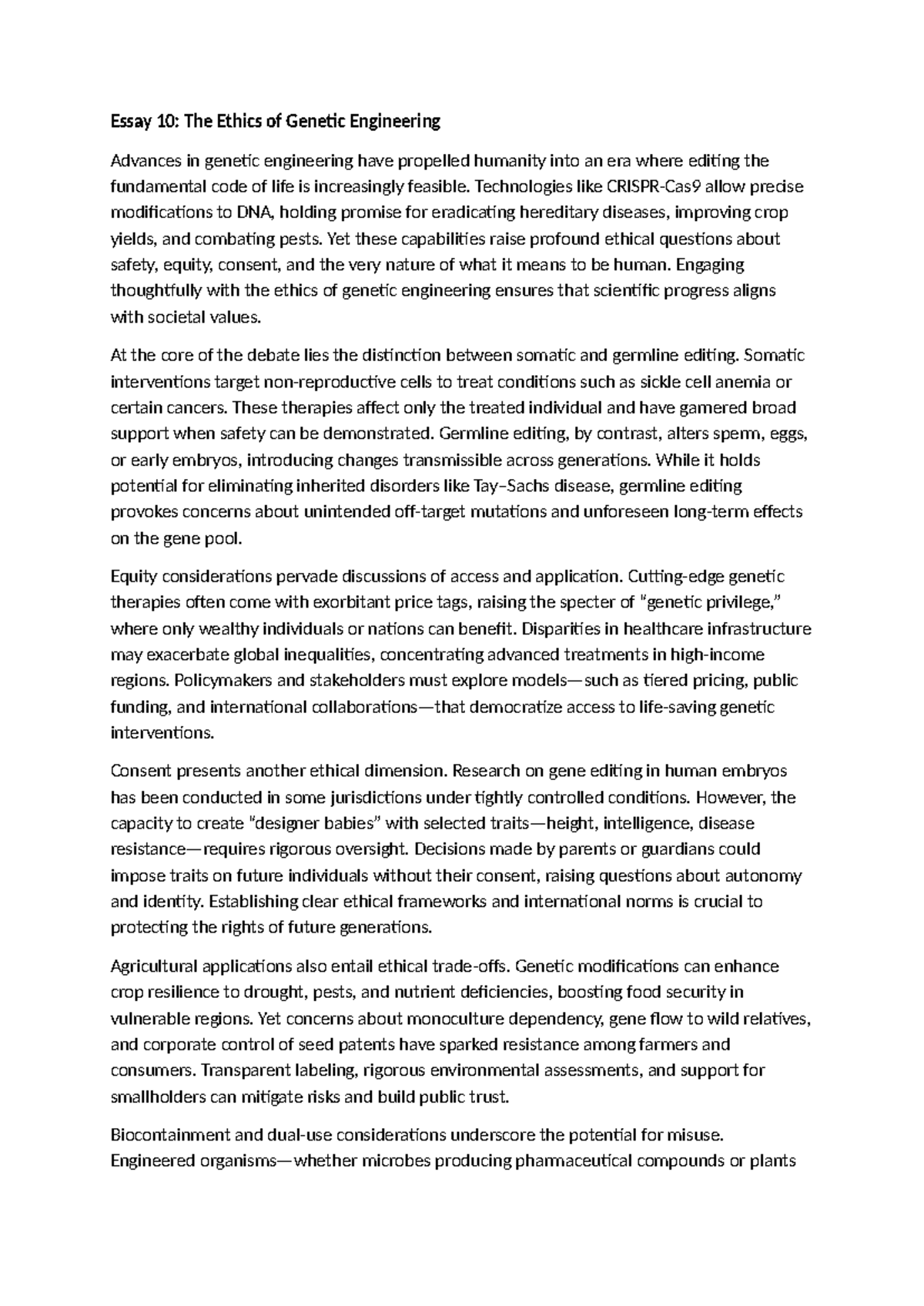 Essay 10: Ethical Implications of Genetic Engineering Advances - Studocu