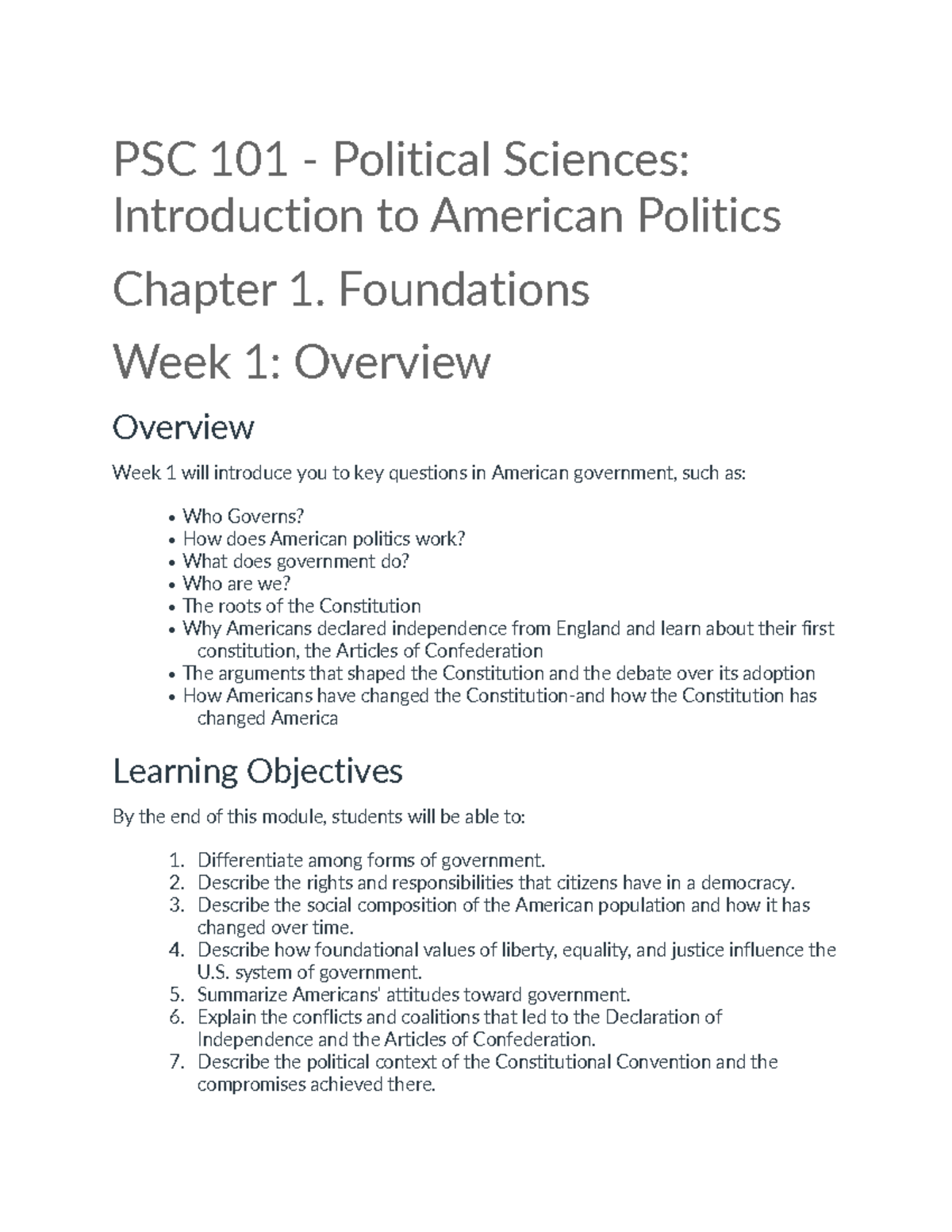 PSC 101 - Quiz Practice on Foundations of American Politics - Studocu