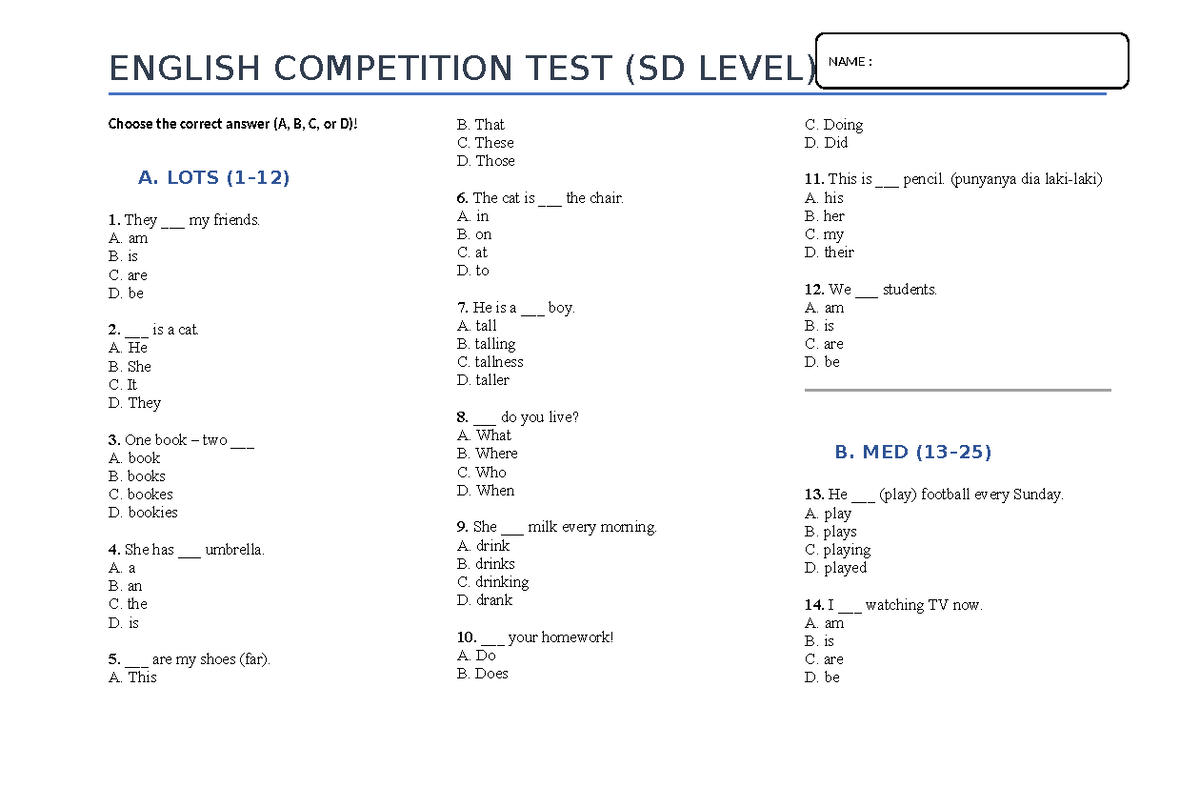 ENGLISH COMPETITION TEST (SD LEVEL) Part 2 Answer Key - Studocu