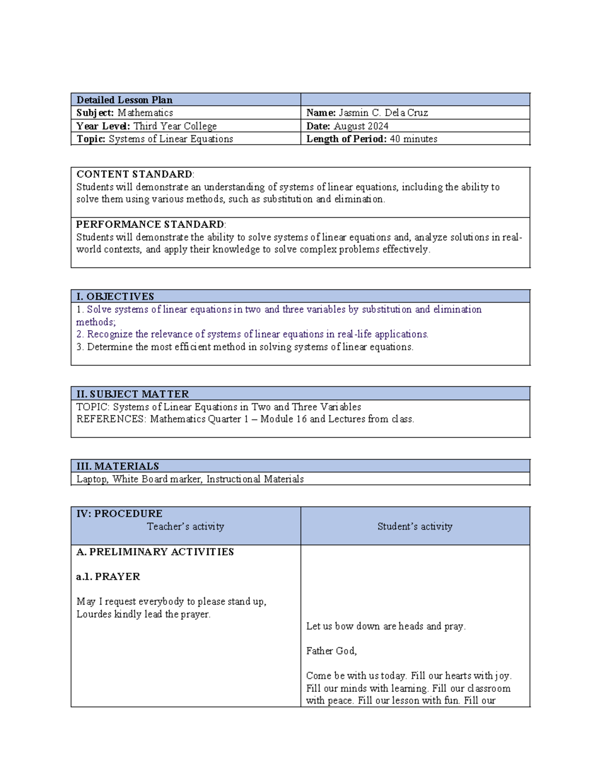 Detailed Lesson Plan for Systems of Linear Equations (Math 3rd Yr ...
