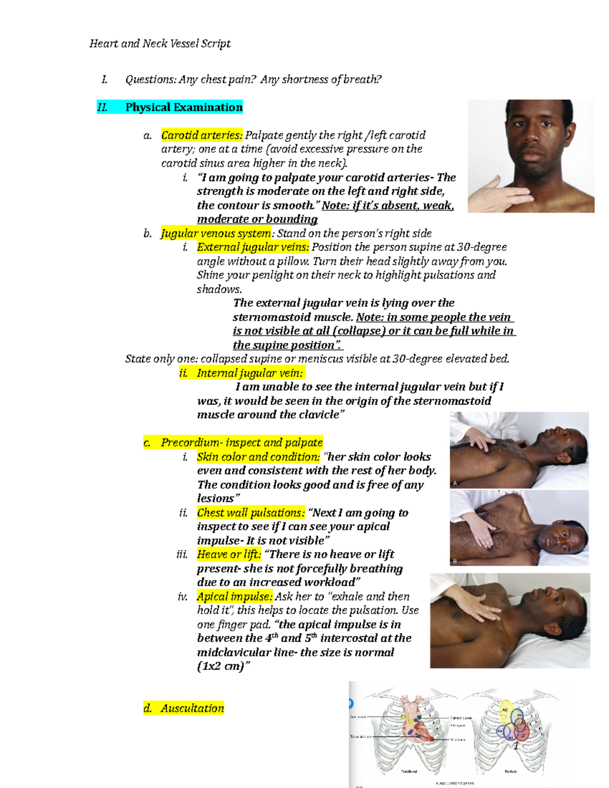 Heart and Neck Vessels Script - Questions: Any chest pain? Any ...