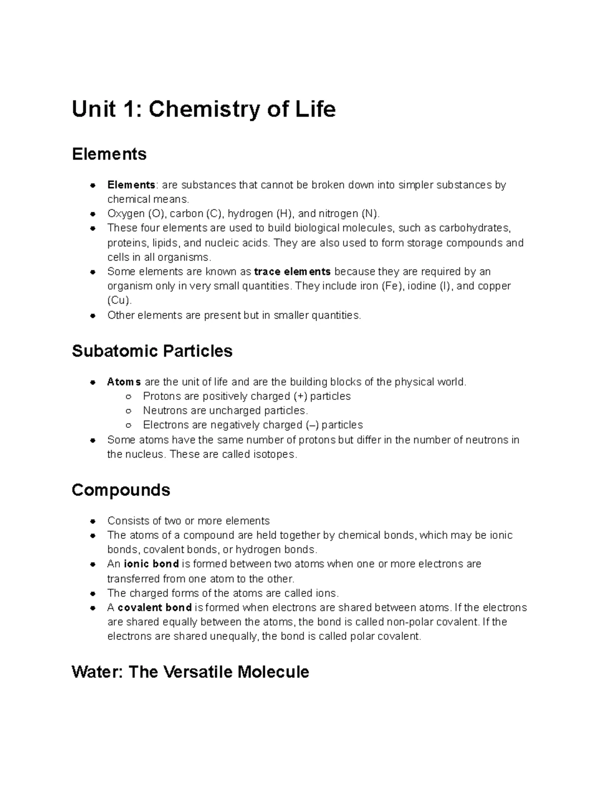 AP Bio Unit 1 Review Guide - Unit 1: Chemistry of Life Topic Learning Objective(s) 1. Structure ...