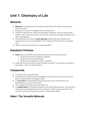 AP Biology Unit 1: Chemistry of Life Comprehensive Notes - Studocu