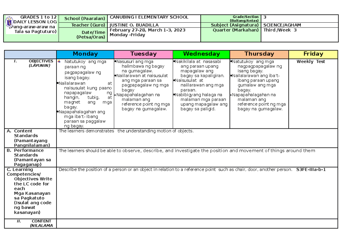 Q3 W3 - Instructional materials and Daily Lesson Plan for the whole ...