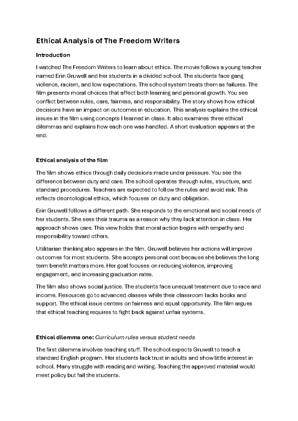 Ethical Analysis of The Freedom Writers: Dilemmas in Education ...