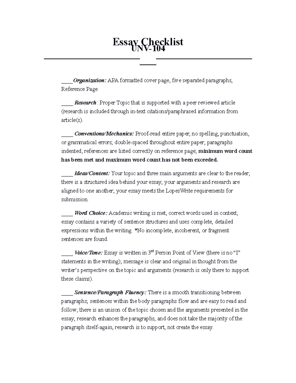 UNV-104-RS-Essay Checklist for Effective Academic Writing - Studocu