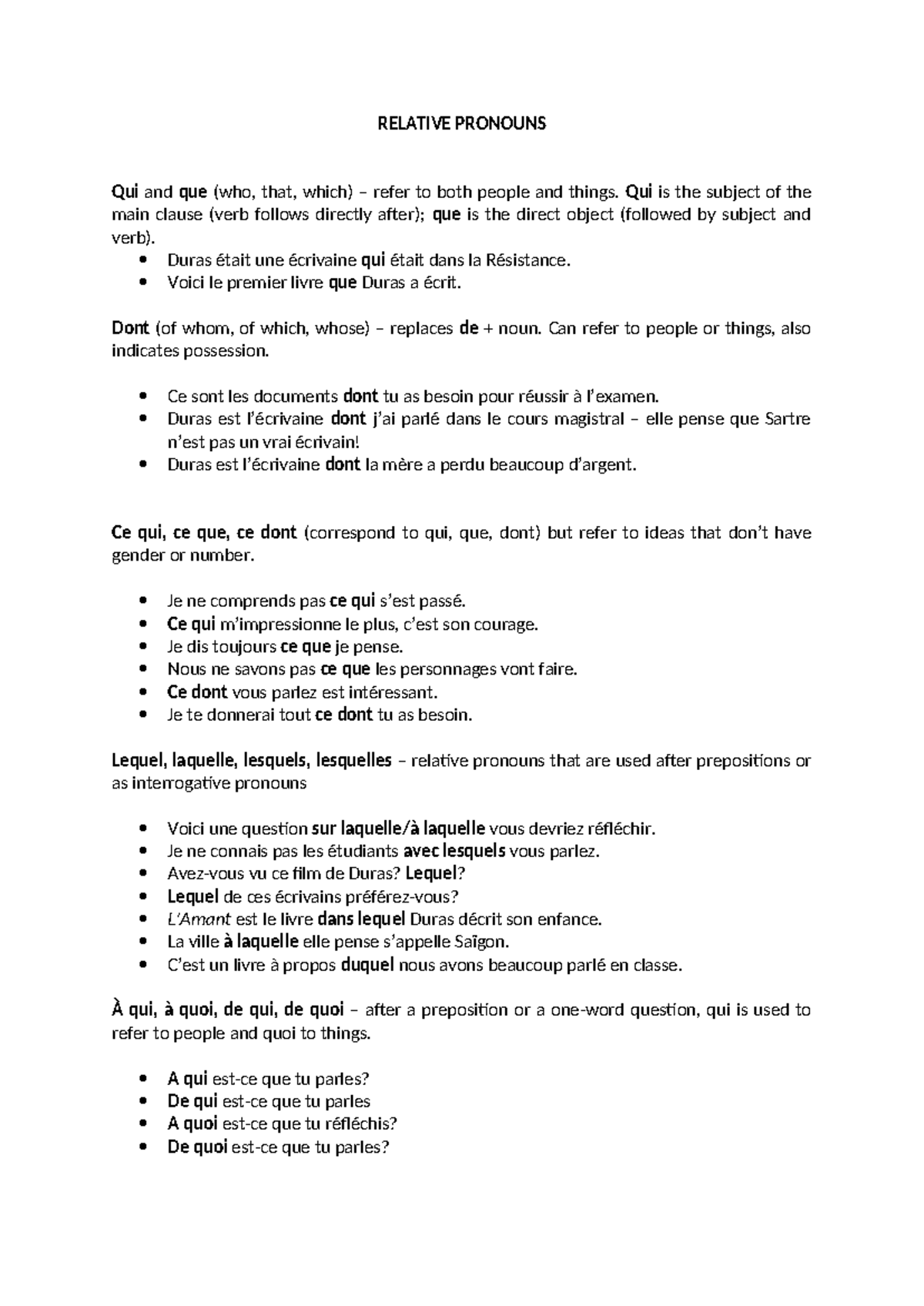 RELATIVE PRONOUNS: Qui, Que, Dont, Lequel - French Grammar Notes - Studocu