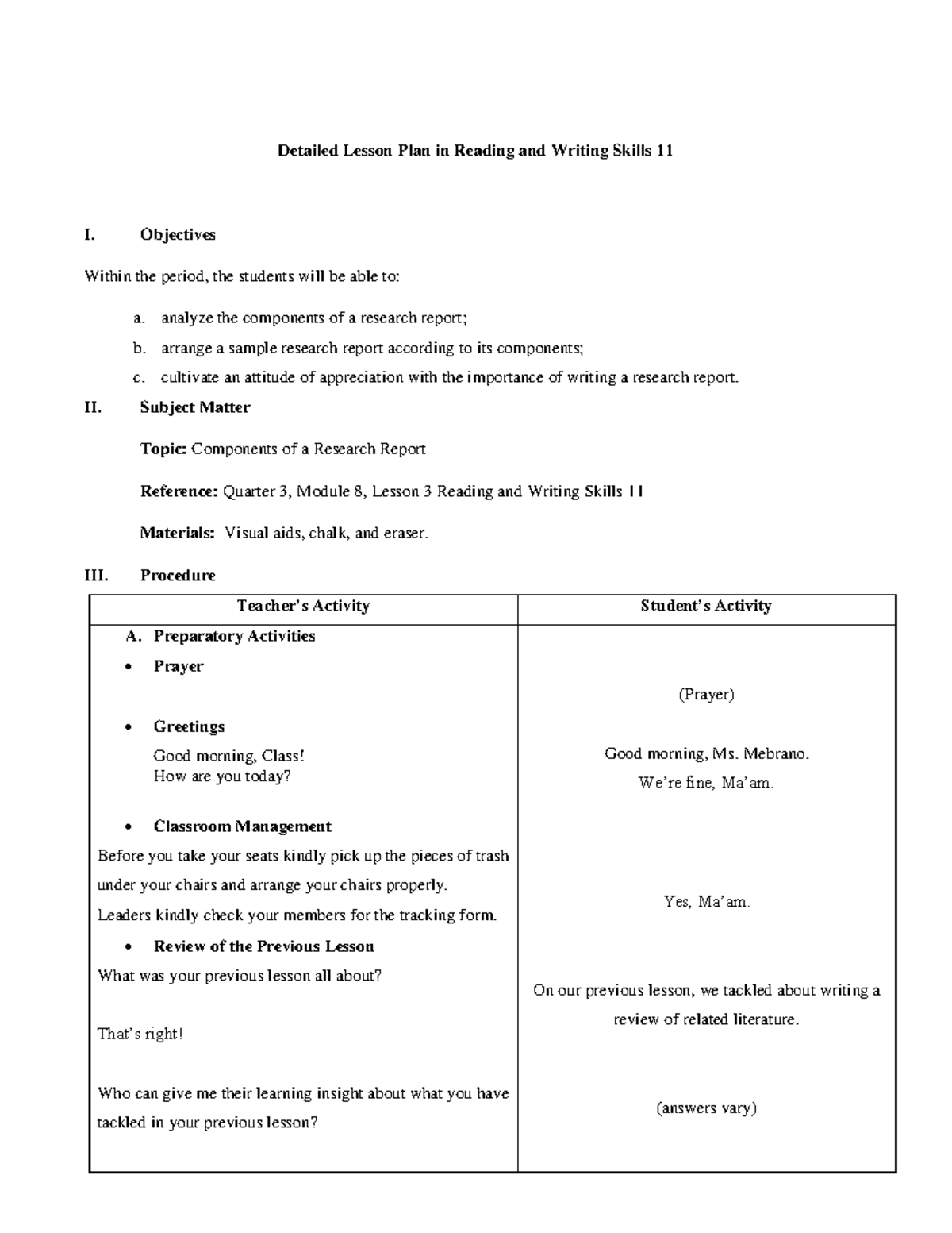Detailed Lesson Plan: Components of Research Report in Reading ...