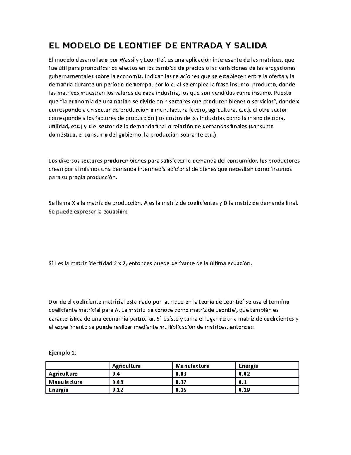Modelo de Leontief de Entrada y Salida: Análisis y Ejemplos - Studocu
