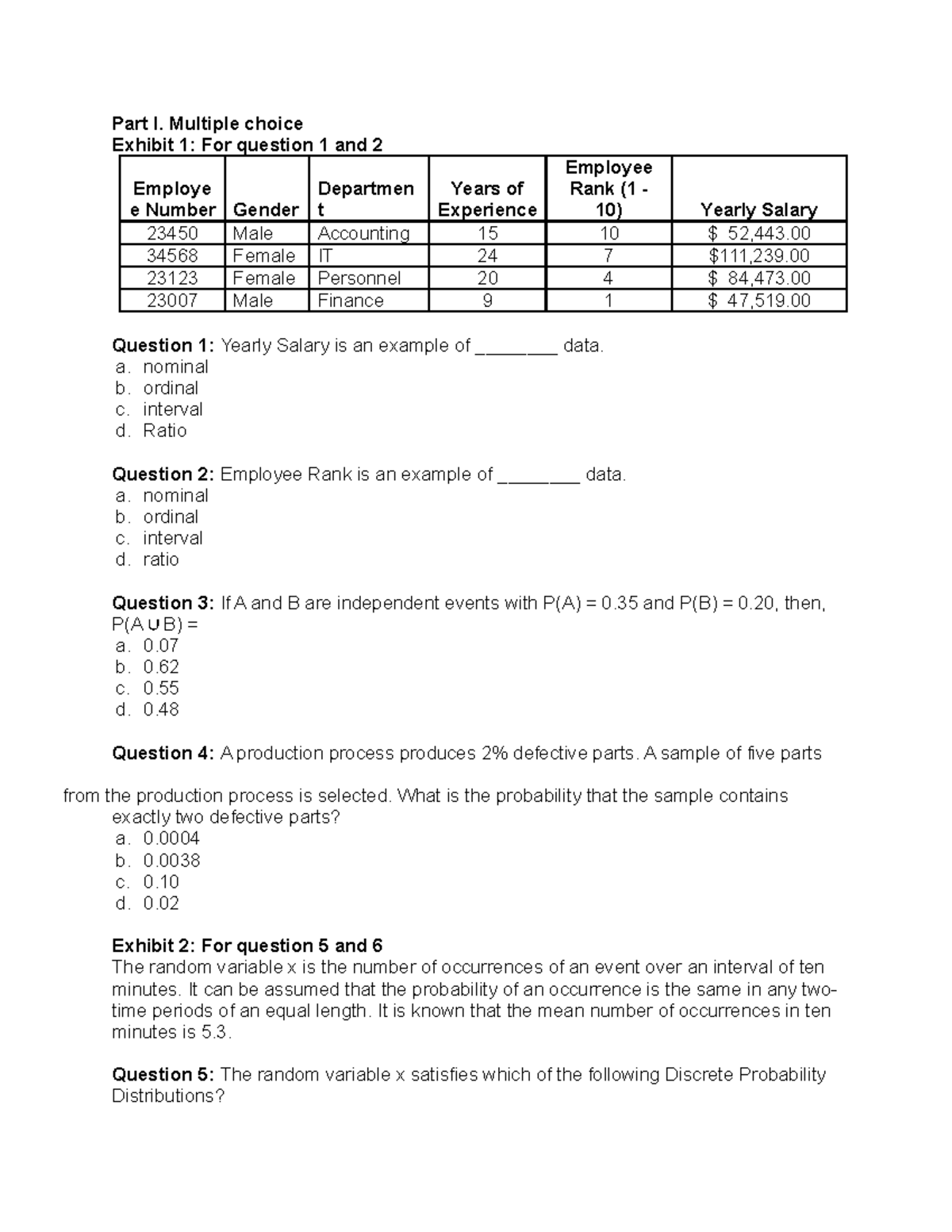 Sample Final Exam - Statistics 101: Multiple Choice Questions - Studocu