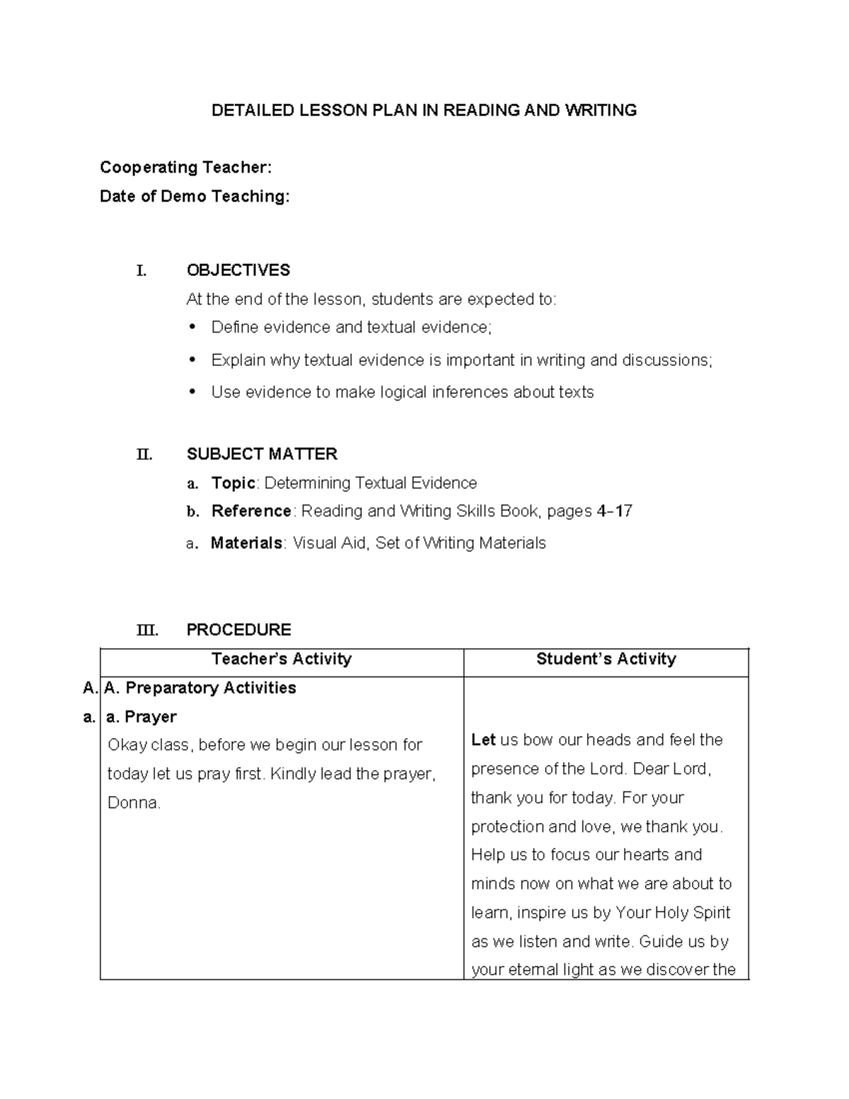 Detailed Lesson Plan on Determining Textual Evidence (DLP IN) - Studocu