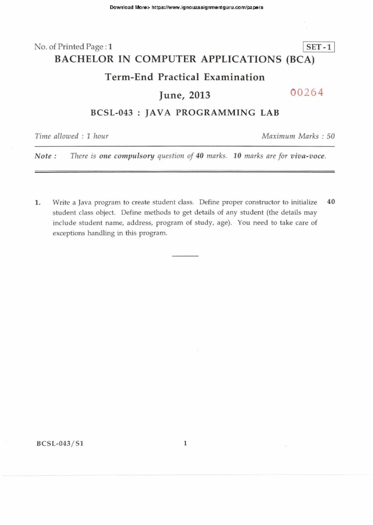 BCSL-043: JAVA PROGRAMMING LAB Previous Year Question Papers - Studocu