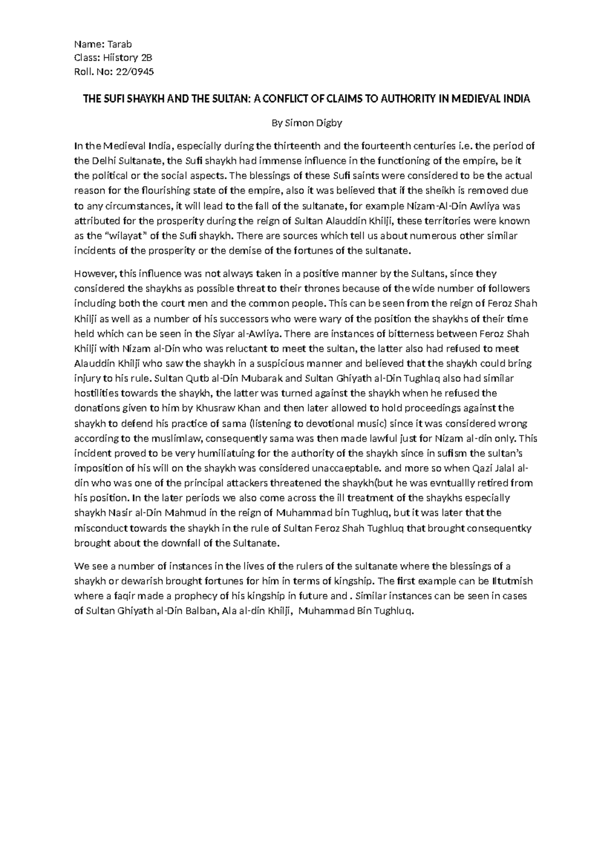 THE SUFI Shaykh AND THE Sultan - Name: Tarab Class: Hiistory 2B Roll ...